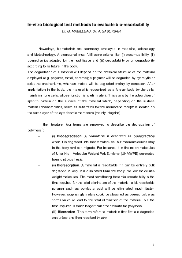 (PDF) In vitro biological test methods to evaluate bioresorbability