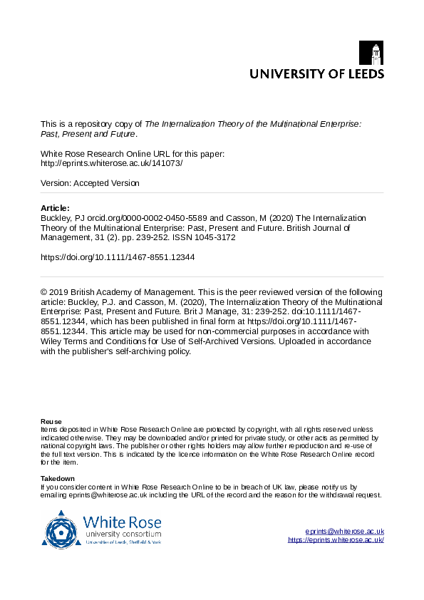 Pdf The Internalization Theory Of The Multinational Enterprise Past Present And Future