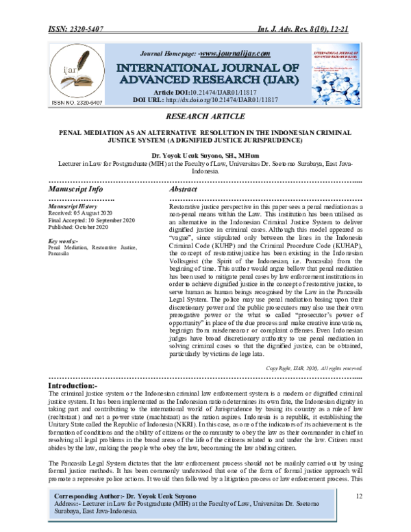 (PDF) Penal Mediation as an Alternative Resolution in the Indonesian Criminal Justice System (A ...