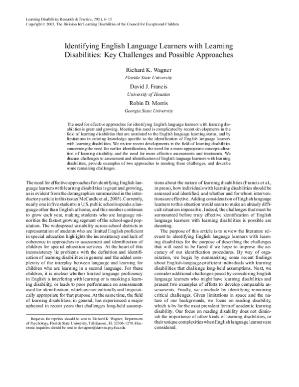 (PDF) Identifying English Language Learners with Learning Disabilities ...