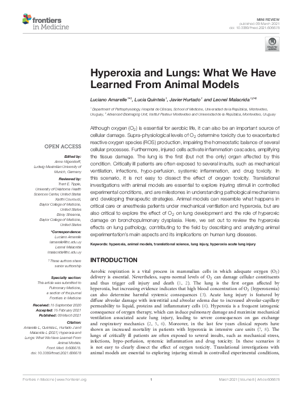 (PDF) Hyperoxia and Lungs: What We Have Learned From Animal Models