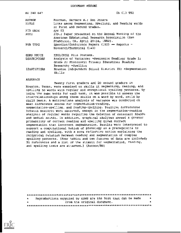 Pdf Links Among Segmenting Spelling And Reading Words In First And Second Grades