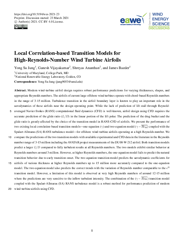 (PDF) Local Correlation-based Transition Models for High-Reynolds-Number Wind Turbine Airfoils
