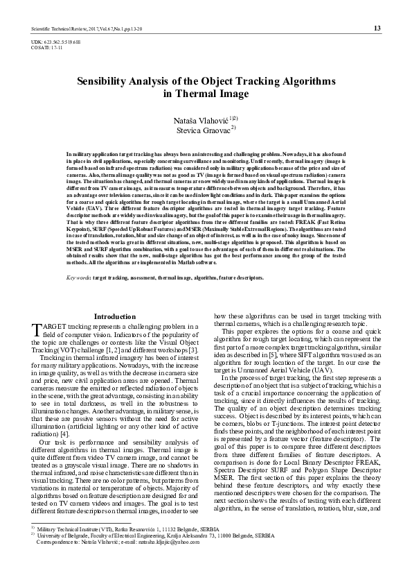 (PDF) Sensibility analysis of the object tracking algorithms in thermal image