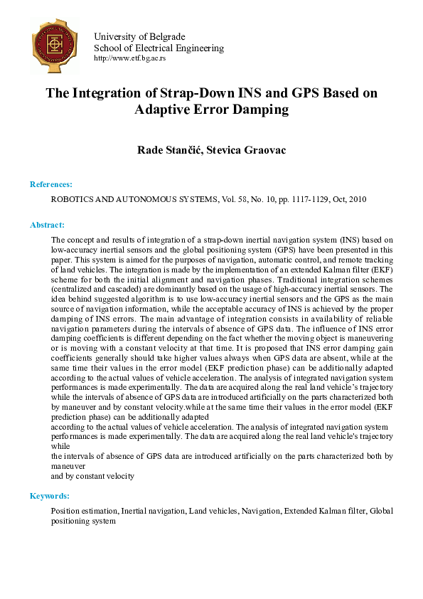 (PDF) The integration of strap-down INS and GPS based on adaptive error ...