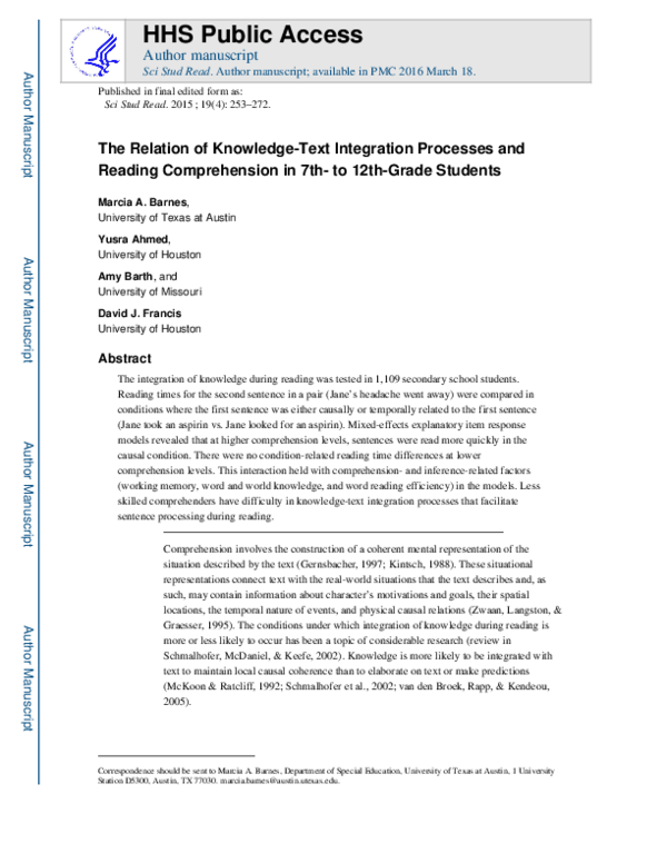(PDF) The Relation of Knowledge-Text Integration Processes and Reading ...