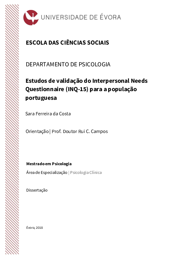 (PDF) Estudos de Validação do Interpersonal Needs Questionnaire (INQ-15 ...