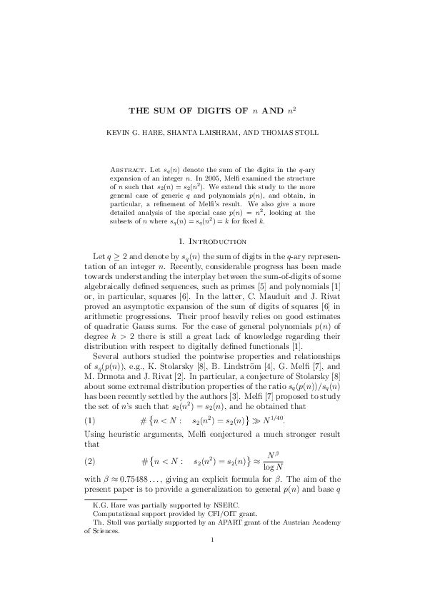 (PDF) THE SUM OF DIGITS OF n AND n² | Kevin Hare - Academia.edu