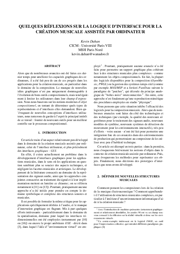 (PDF) Quelques R ´eflexions Sur La Logique D’Interface Pour La CR ´eation Musicale Assist ´ee ...