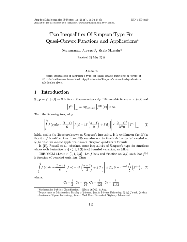 Pdf Two Inequalities Of Simpson Type For Quasi Convex Functions And Applications