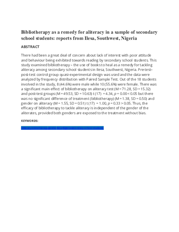 (DOC) Bibliotherapy as a remedy for aliteracy in a sample of secondary ...
