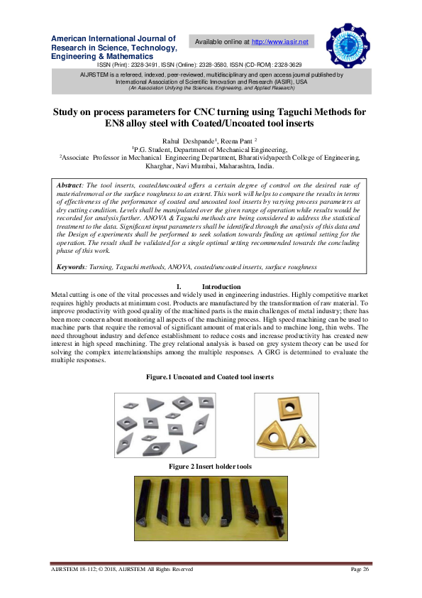 (PDF) Study on process parameters for CNC turning using Taguchi Methods for EN8 alloy steel with ...