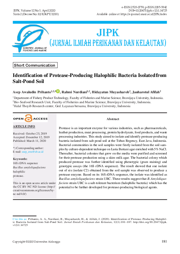 (PDF) Identification of Protease-Producing Halophilic Bacteria Isolated from Salt-Pond Soil