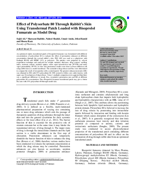 (PDF) Effect of Polysorbate 80 Through Rabbit's Skin Using Transdermal ...