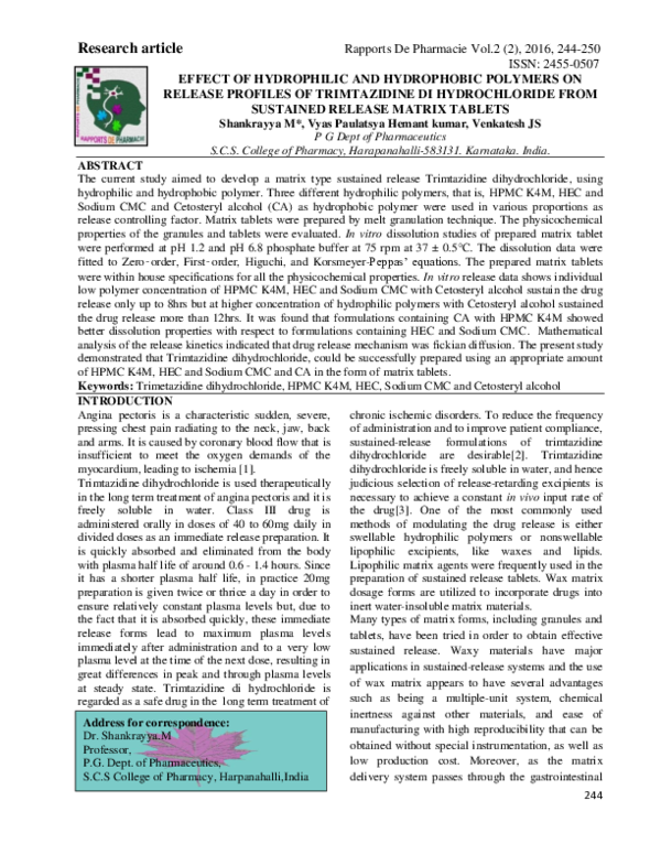 Pdf Effect Of Hydrophilic And Hydrophobic Polymers On Metformin Hydrochloride Sustained