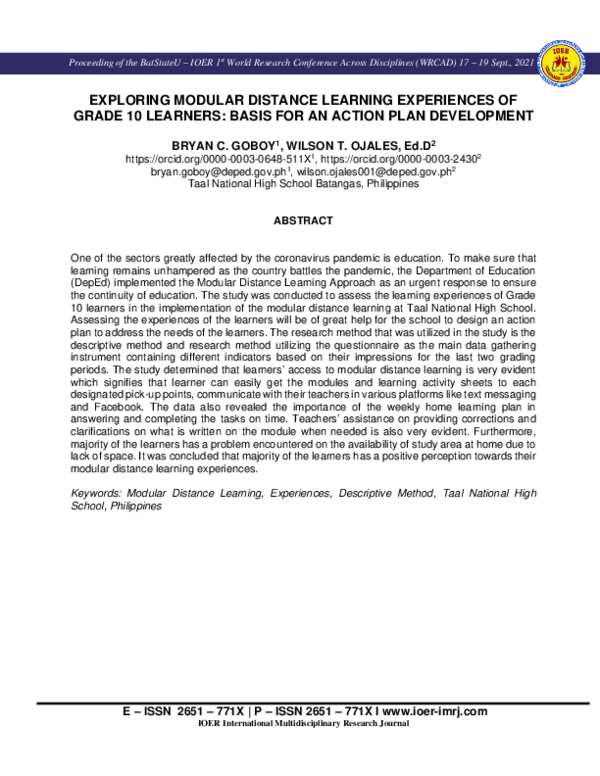 (PDF) Exploring Modular Distance Learning Experiences of Grade 10 ...