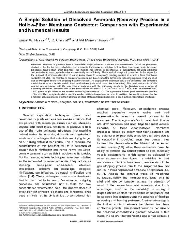 (PDF) A Simple Solution of Dissolved Ammonia Recovery Process in a ...