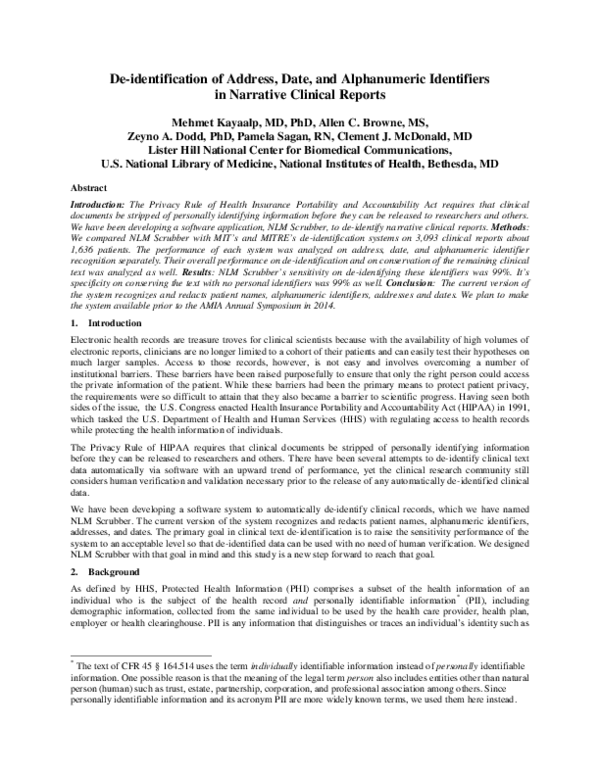 (PDF) De-identification of Address, Date, and Alphanumeric Identifiers ... (PDF) De-identification of Address, Date, and Alphanumeric Identifiers ...