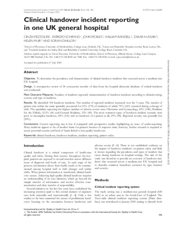 (PDF) Clinical handover incident reporting in one UK general hospital