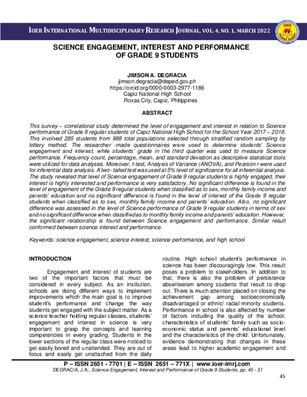 (PDF) SCIENCE ENGAGEMENT, INTEREST AND PERFORMANCE OF GRADE 9 STUDENTS