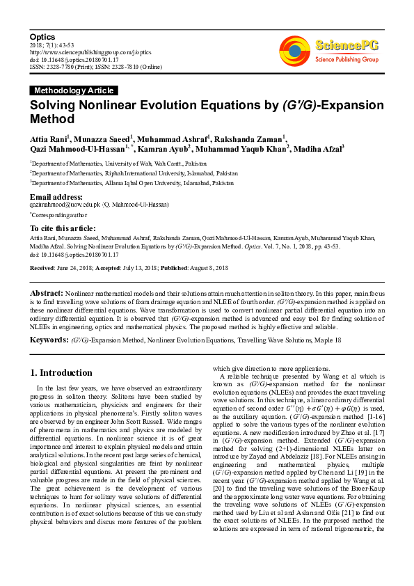(PDF) Solving Nonlinear Evolution Equations by (G'/G)-Expansion Method