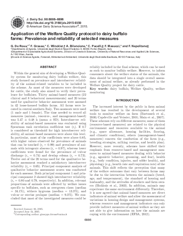 (PDF) Application of the Welfare Quality protocol to dairy buffalo ...
