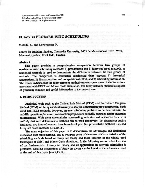 (PDF) Automation and Robotics in Construction XII FUZZY vs PROBABILISTIC SCHEDULING