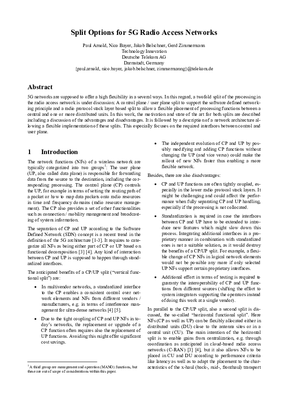 (PDF) Split Options For 5G Radio Access Networks | Jakob Belschner ...