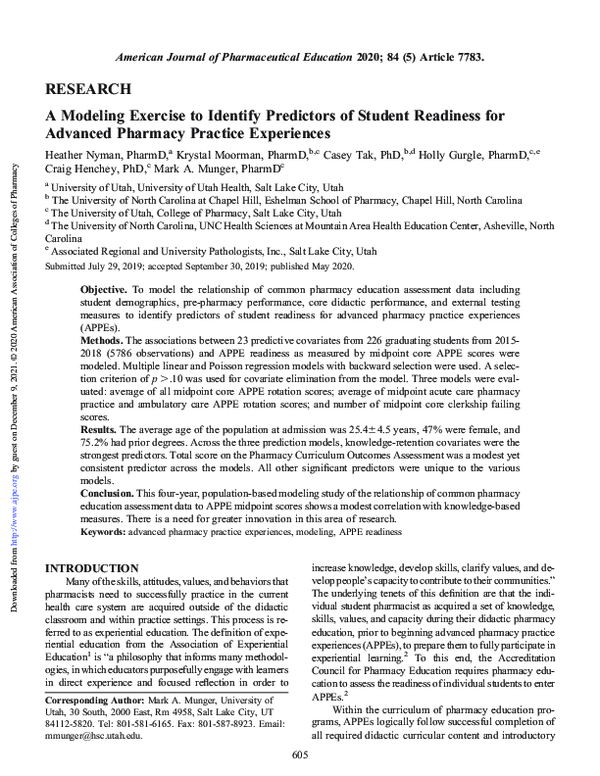 (PDF) A Modeling Exercise to Identify Predictors of Student Readiness for Advanced Pharmacy ...