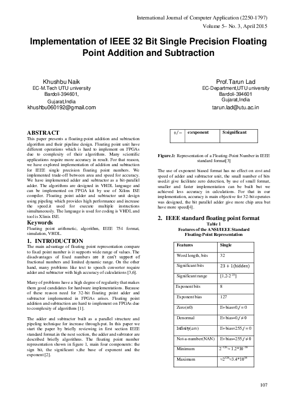 Pdf Implementation Of Ieee 32 Bit Single Precision Floating Point Addition And Subtraction