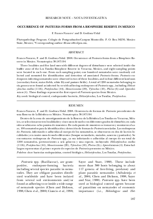 (PDF) Occurrence of Pasteuria forms from a biosphere reserve in Mexico