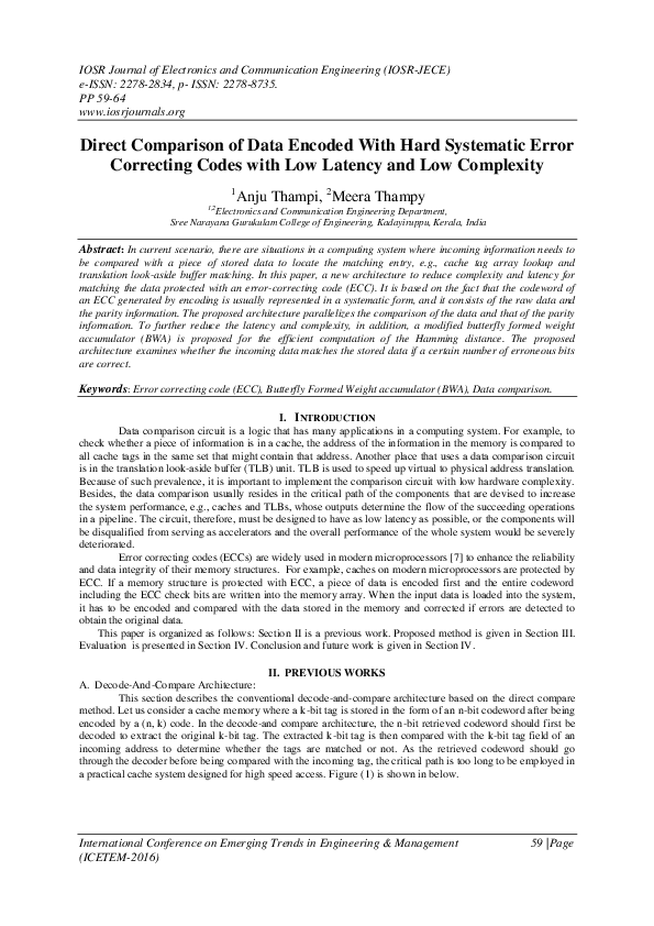 Pdf Direct Comparison Of Data Encoded With Hard Systematic Error Correcting Codes With Low