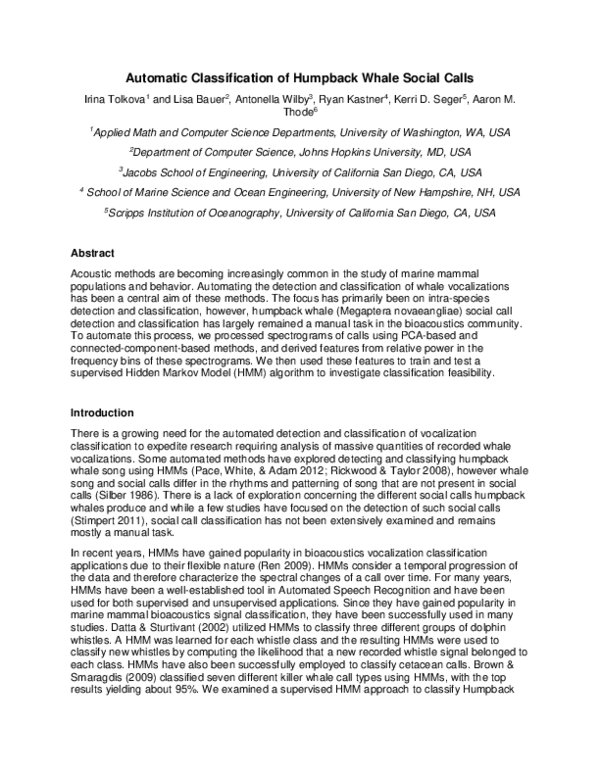 (PDF) Automatic classification of humpback whale social calls