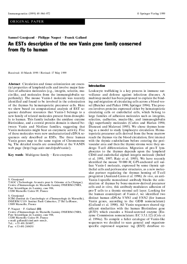(PDF) An ESTs description of the new Vanin gene family conserved from ...