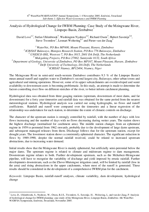 (PDF) Analysis of Hydrological Change for IWRM Planning: Case Study of ...