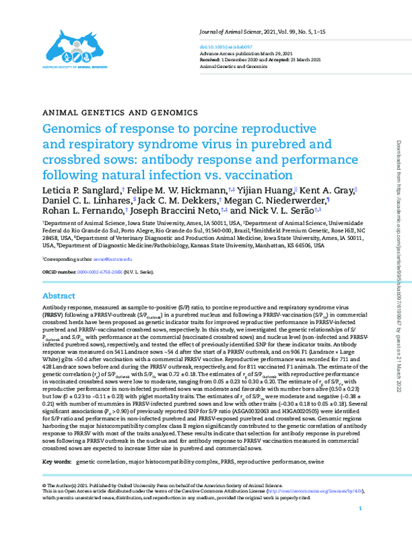 (PDF) Genomics of response to porcine reproductive and respiratory syndrome virus in purebred ...