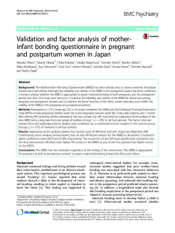 (PDF) Validation and factor analysis of mother-infant bonding ...
