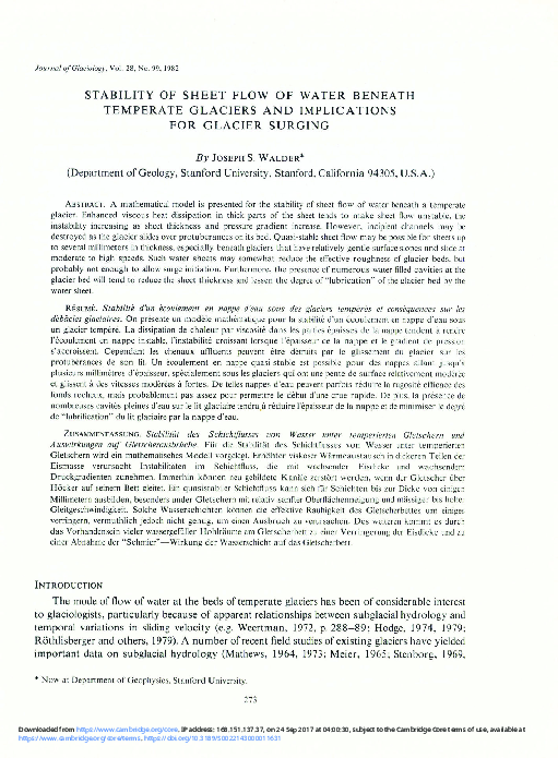 (PDF) Stability of Sheet Flow of Water Beneath Temperate Glaciers and ...