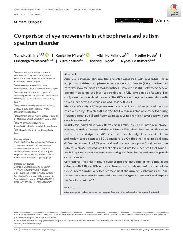 (PDF) Comparison of eye movements in schizophrenia and autism spectrum ...