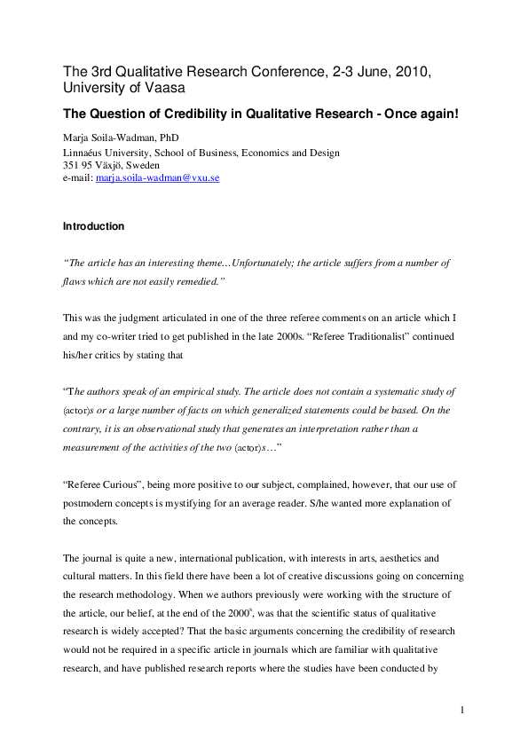 (PDF) The Question of Credibility in Qualitative Research - Once again!