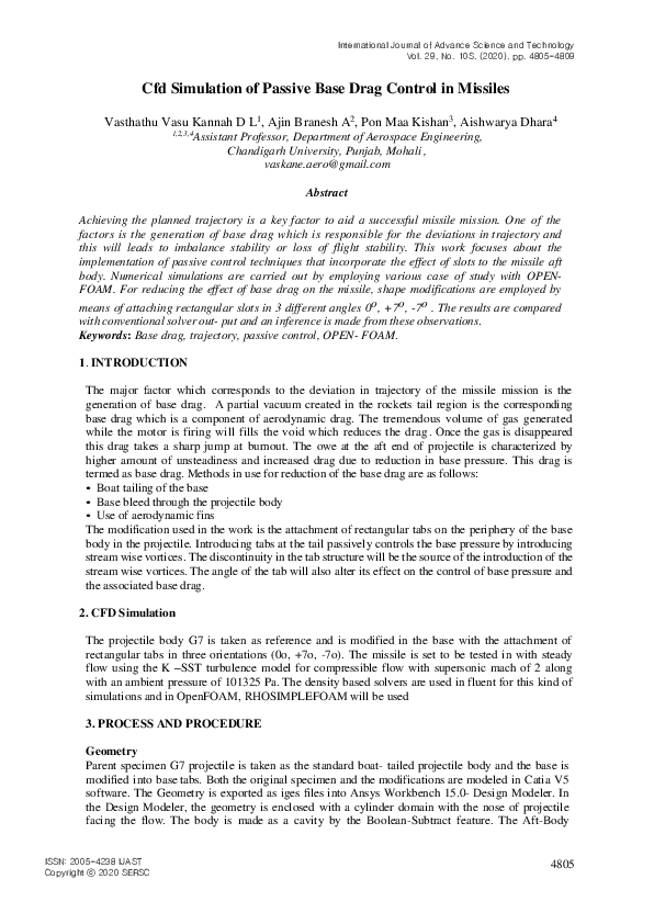 (PDF) Cfd Simulation of Passive Base Drag Control in Missiles