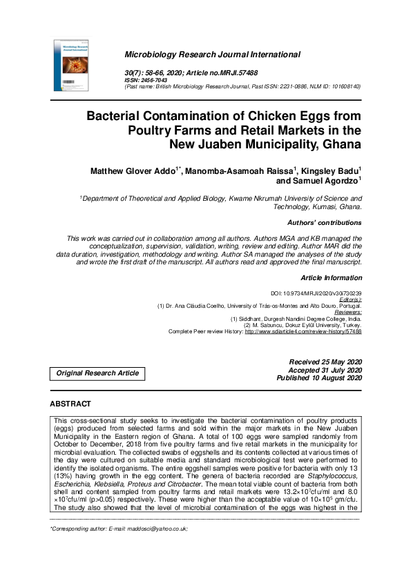 (PDF) Bacterial Contamination of Chicken Eggs from Poultry Farms and ...