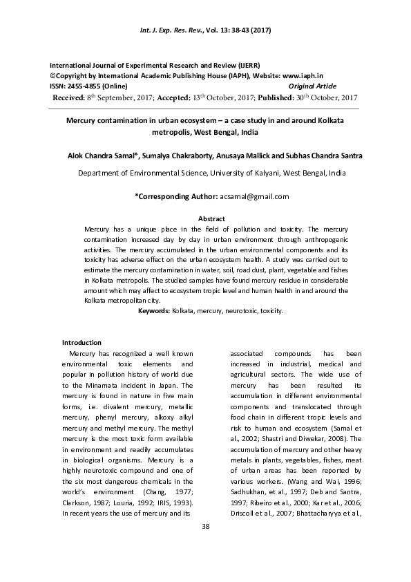 (PDF) Mercury contamination in urban ecosystem -a case study in and ...