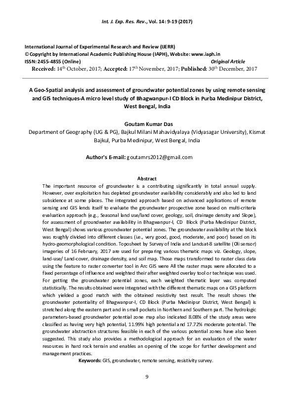 Pdf A Geo Spatial Analysis And Assessment Of Groundwater Potential Zones By Using Remote