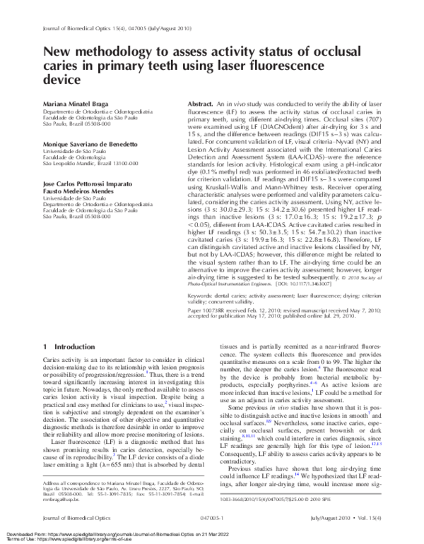 Pdf New Methodology To Assess Activity Status Of Occlusal Caries In Primary Teeth Using Laser