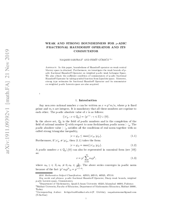 (PDF) Weak and Strong Boundedness for p-ADIC Fractional Hausdorff Operator and Its Commutator