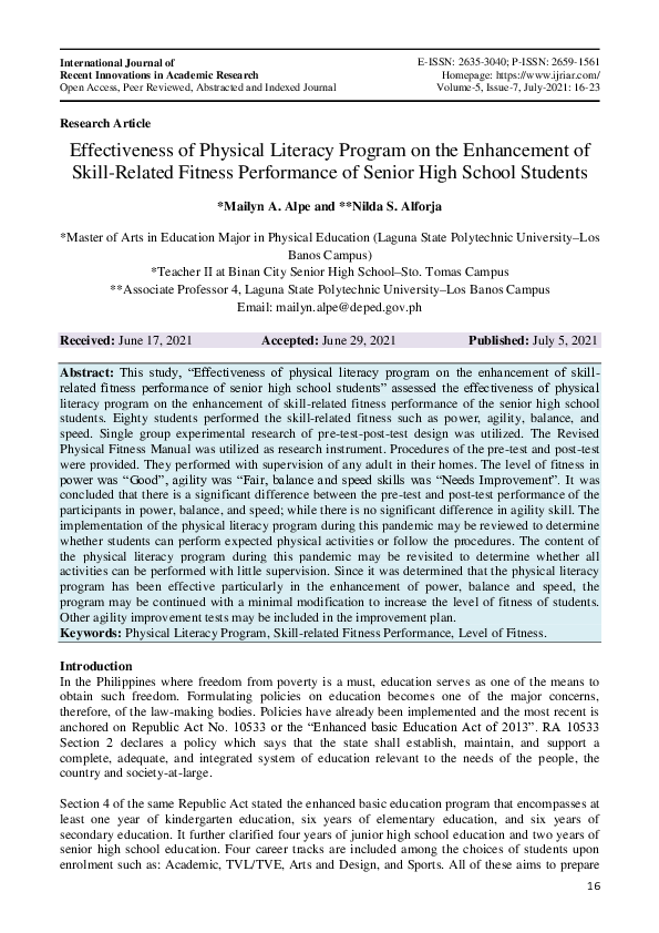 (PDF) Effectiveness of Physical Literacy Program on the Enhancement of ...