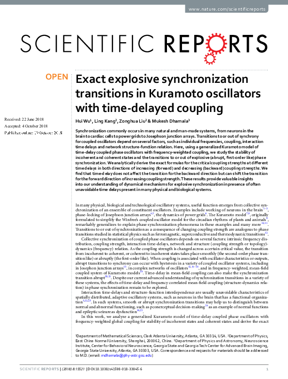 (PDF) Exact explosive synchronization transitions in Kuramoto oscillators with time-delayed coupling