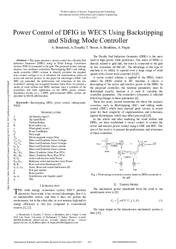 (PDF) Power Control of DFIG in WECS Using Backstipping and Sliding Mode Controller