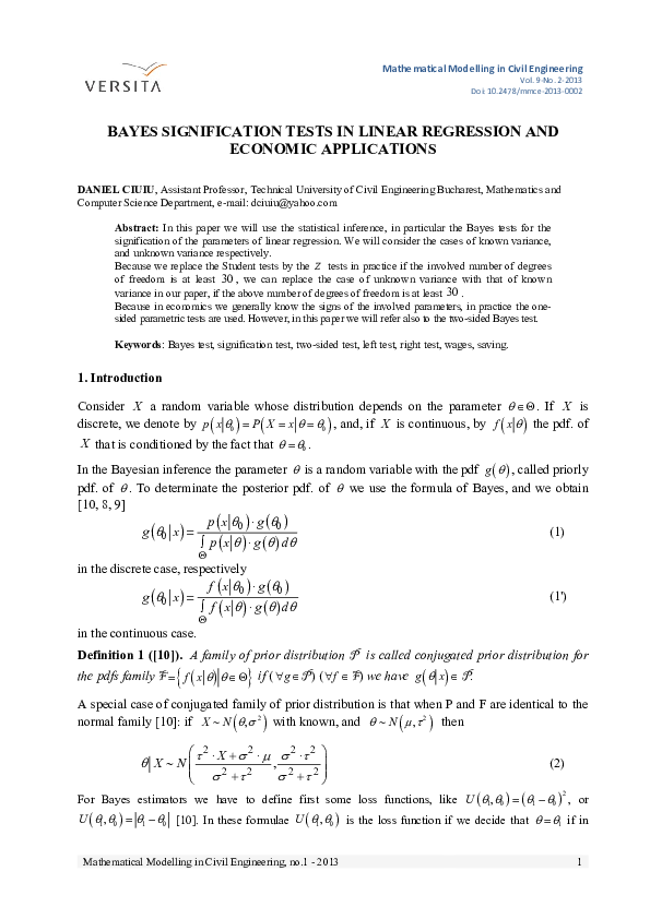 Pdf Bayes Signification Tests In Linear Regression And Economic Applications